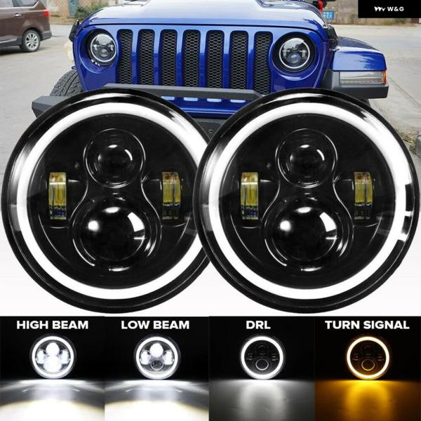 2個 車用 7インチ LED ヘッドライト HI/LOW H4 ハロ アングルアイ アーバン ハーレー BMW ジープ JK 4X4 サムライ ジープ ラングラー オフロード カスタム パーツ アクセサリーCertification:ceV...