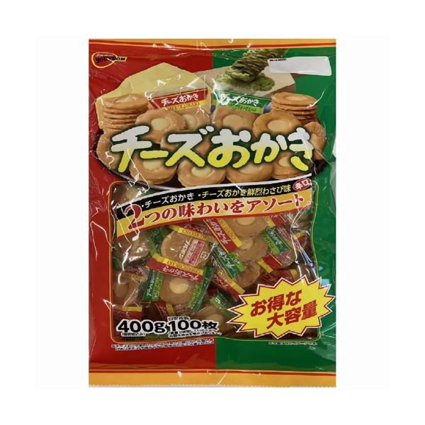 ブルボンの隠れた人気アイテム「チーズおかき」と「チーズおかき鮮烈わさび味」２つの味わいをアソート■内容量:400g■原材料名:〈チーズおかき〉もち米（国産、タイ産）、植物油脂、もち米粉（タイ産）、でん粉、うるち米（国産）、しょうゆ（小麦・大...
