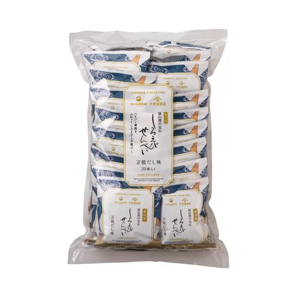 「富山湾の宝石」とも称されるしろえびと、富山米「てんたかく」、立山連峰の伏流水を使用した煎餅に、久世福商店の定番商品「万能だし」を加えました。そのままでもおいしお煎餅に、だしの旨味を加えたこだわりのお菓子です。食べきりサイズの小袋。■名称:...