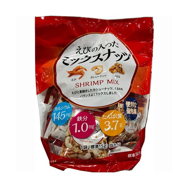 旨味が凝縮されたサクサクの「えび」に、素材本来の甘みを楽しめる「素焼きカシューナッツ」と「くるみ」をバランスよくミックス。それぞれの食感と香ばしさが絶妙にマッチし、一度食べたら止まらない美味しさです。小袋1袋（標準15g）あたり「カルシウム...