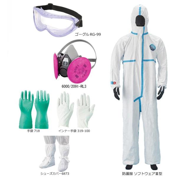 ・種類　セット販売・名称　マスク、ゴーグル、防護服セット 3m-ast3-2s●セット内容・マスク　3M 防じんマスク  6000/2091-RL3（M） 1個・指定防護係数　10・ゴーグル　理研化学 無気孔ゴーグル RG-99 1個・防護...