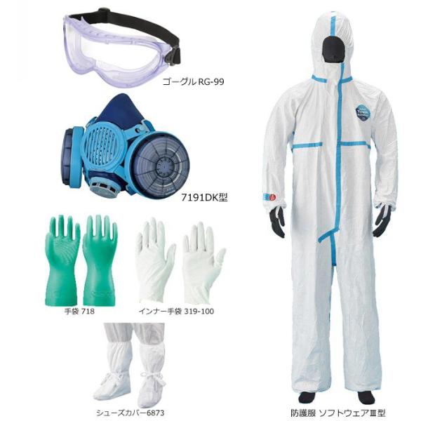 ・種類　セット販売・名称　マスク、ゴーグル、防護服セット koken-ast3-03s●セット内容・マスク　興研 防じんマスク 7191DK_XRB型 1個・指定防護係数　10・ゴーグル　理研化学 無気孔ゴーグル RG-99 1個・防護服　...
