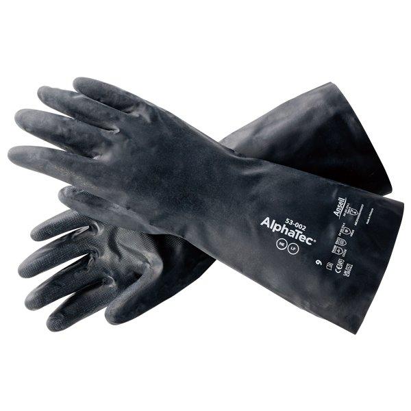 ・種類　化学防護手袋・名称　53-002・全長350mm・JIS T 8116：2005 化学防護手袋 適合品・販売単位　1双・注意文　モニターの発色具合によって実際の商品と色合いが異なる場合があります。