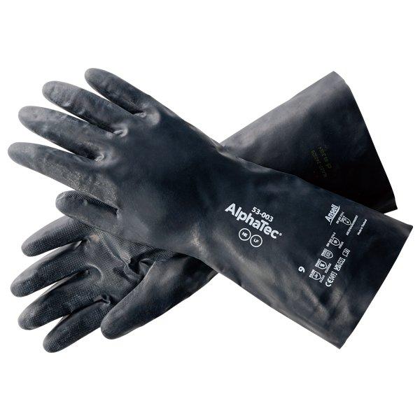 ・種類　化学防護手袋・名称　53-003・全長350mm・JIS T 8116：2005 化学防護手袋 適合品・販売単位　1双・注意文　モニターの発色具合によって実際の商品と色合いが異なる場合があります。