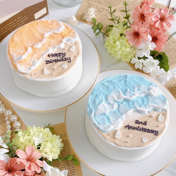 ■海のセンイルケーキ 4号波打ち際をイメージしたセンイルケーキです。これからの夏にぴったりの商品になっております♪お好きなメッセージを20文字内（漢字不可）でお入れいたします。ケーキの中には、甘酸っぱいいちごジャムがサンドしてあります。※漢...