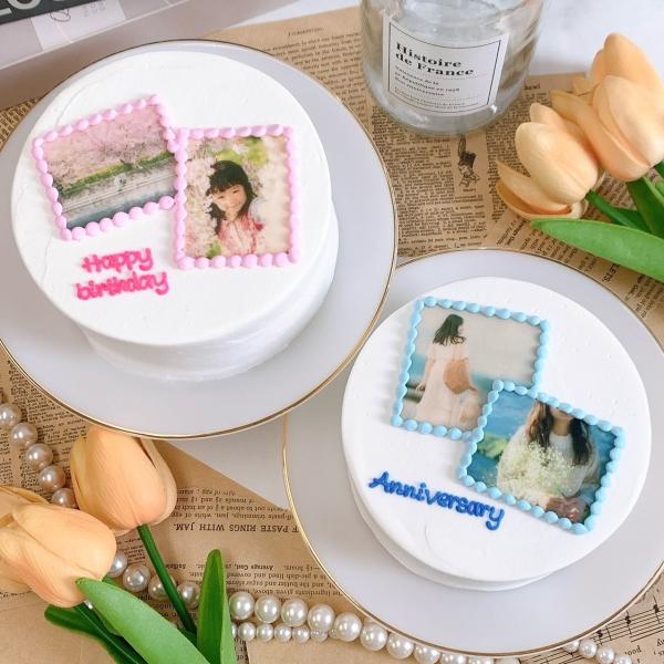 ■コラージュ写真ケーキ  5号  15cmお好きなお写真を2枚、ケーキにプリントいたします。※お写真の位置は当店のお任せとなります。四角形のお写真をお選びください。ご希望のメッセージを20文字以内（漢字不可）でお入れいたします。中には、甘酸...
