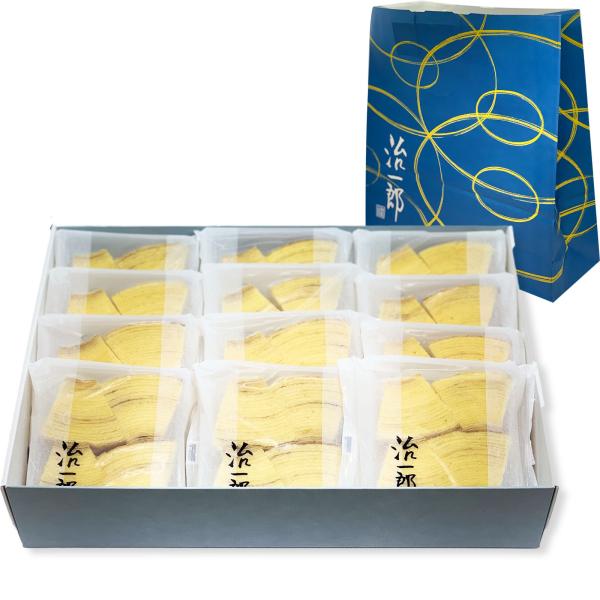 商品名 治一郎 バームクーヘン カット内容 12個入ｘ1箱　専用手提げ袋付（手提げ袋は1箱に付き1枚付属いたします。）手土産やギフトに人気の治一郎のバームクーヘン。口に運ぶときからすでに感じ始めるしっとり感。口に入れた瞬間はさらにさっくりと...