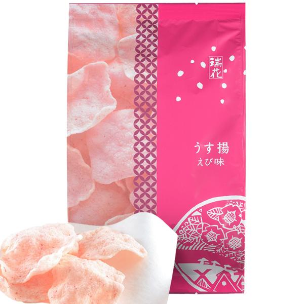 商品名 瑞花 うす揚 えび味内容 80ｇｘ1えびの香りとお米の風味がマッチした、うす揚の中で一番人気の商品です。えびがしっかり練りこまれたエビ煎餅