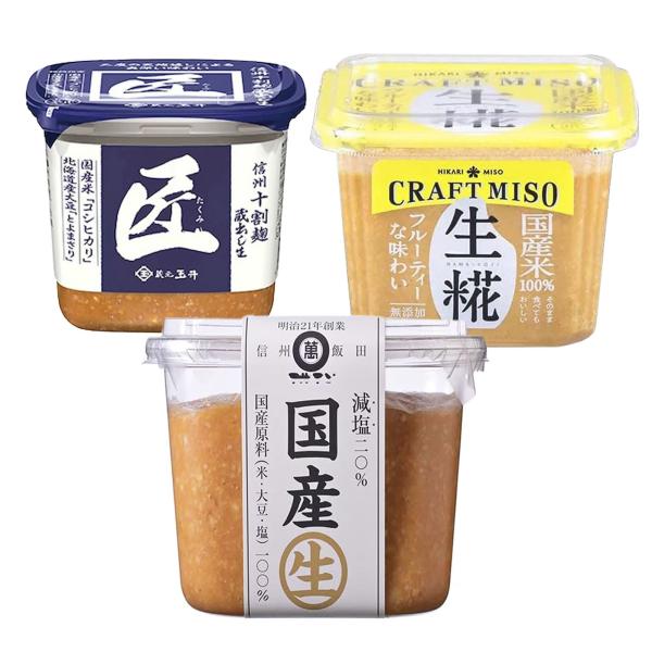 商品名 人気味噌3種セット内容　3種ｘ1マルマン国産生 減塩20% 国産の米・大豆・塩を使用した中甘口の信州米みそ加熱殺菌をしていない生タイプの味噌で、発酵菌が生きたままの状態なので、日々発酵が続き美味しさが増していくのが特徴です。すっきり...