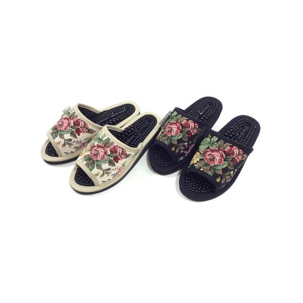 上品な薔薇のゴブラン織り健康スリッパです。健康促進にお役出せください。サイズ・レディースフリー生産地：日本素材：ゴブラン部分…レーヨン59％、ポリエステル30％、綿9％、ナイロン1％、その他1％無地部分…綿裏地…ポリエステル足裏部分…軟質塩...