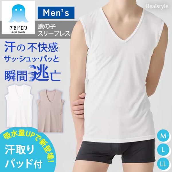 サッと汗を吸ってパッとすぐ乾く！アセドロン鹿の子大きな汗取りパッド付きスリーブレス「アセドロン」から大きな汗取りパッド付きのシリーズが登場。従来品よりも脇パッドの面積を広げた3層構造で、吸水量がさらにアップ。やや深めのＶネックで、インナーが...