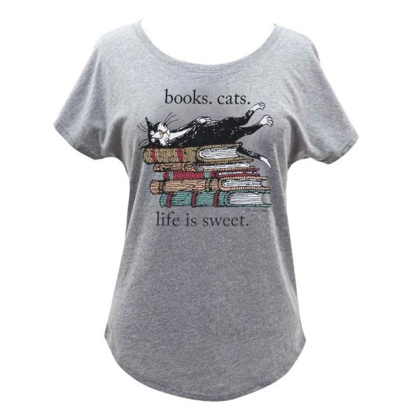 [Out of Print] Books. Cats. Life Is Sweet. Womens Relaxed Fit Tee (Heather Grey) (Edward Gorey illustration)