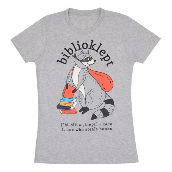 bibliokleptnoun (名詞)1. one who steals books (書籍窃盗者)・100% Cotton Fitted Tee・Distressed, Softened Print・Color: Heather Gre...