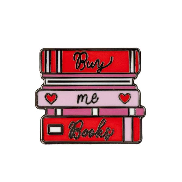 アウト・オブ・プリントBUY ME BOOKS ENAMEL PINDesigned by Brittany PaigeFeaturing a colorful book stack design and the playful phras...