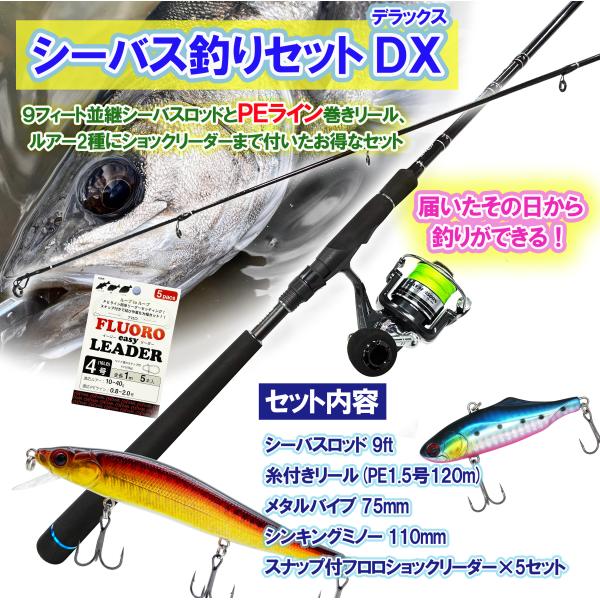 9フィート並継シーバスロッドとPE糸付きリール、ルアー２種にショックリーダーまで付いたお得なセットです！セット内容・シーバスロッド RIKU 9フィート・スピニングリール グレイム 3500S PE付き・ウェーブバイブ 75mm(カラーはア...