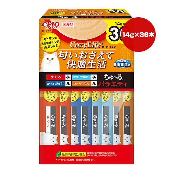 【同梱可】・食物繊維キトサンがフンの臭いを吸着します。・乳酸菌9000億個(１本あたり250億個)配合で、ねこちゃんの健康を維持しお腹の調子を保ちます。・緑茶抽出成分３倍*配合(*メーカー「CIAOちゅ〜るまぐろ」比)・４種類の味が楽しめる...