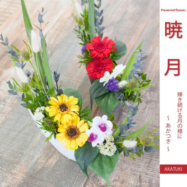月の形の和風のアレンジメントです。舟形の器に逆らうことなく自然に堂々と生けました。はっきりとした色合いの花々を幅広く使用している見栄えある一品です。暁月とは有明月(ありあけづき)とも言い、夜があけても残っている月を指します。夜の間だけでなく...