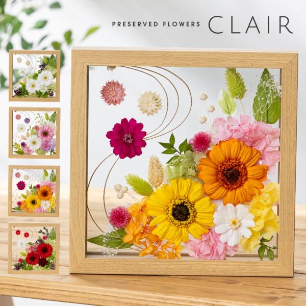 ■基本情報    木製フレームで上品さと高級さを感じさせるクレール。 ガラスの中は空中に浮いている植物標本のようなオシャレなフラワーインテリアになっています。 プリザーブドフラワー ： ガーベラ、ジニア、アジサイ、カスミソウ、小花 装飾品 ...