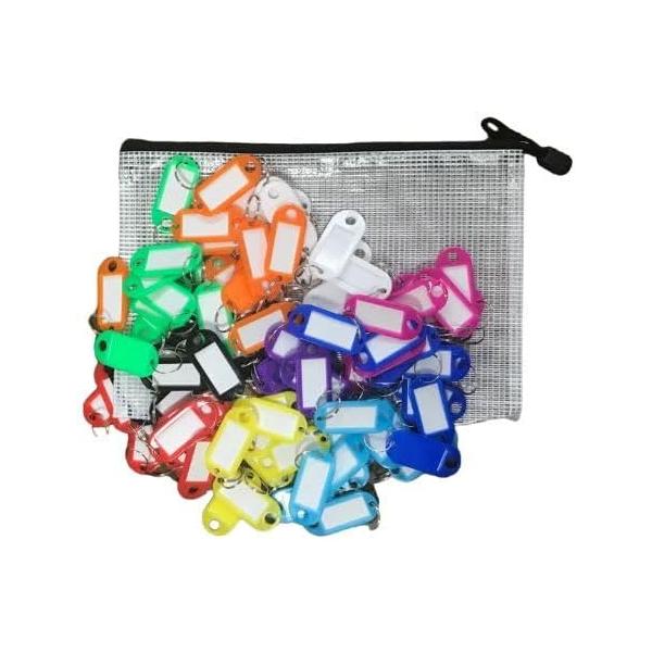 カラー：10色入数：10色×10個　合計100個セット　【保管に便利】ファイル袋付きサイズ：5.0cm×2.2cm紙の部分に名前や番号を書いて、鍵や荷物に取り付けてお使いいただけるタグキーホルダーセットです。鍵や小物の管理に便利です。【幅広...