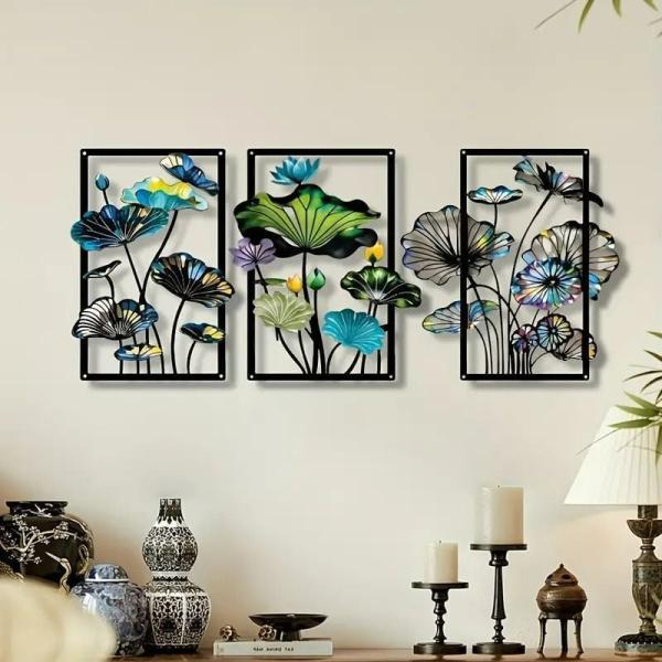 ■商品情報3点セットのカラフルな蓮と葉のメタルウォールアートは、独自のデザインと鮮やかな色合いが特徴の素敵なインテリアアイテムです。このウォールアートは、お部屋に新しい雰囲気をもたらし、暖かみのあるアクセントとして活躍します。蓮と葉の美しい...