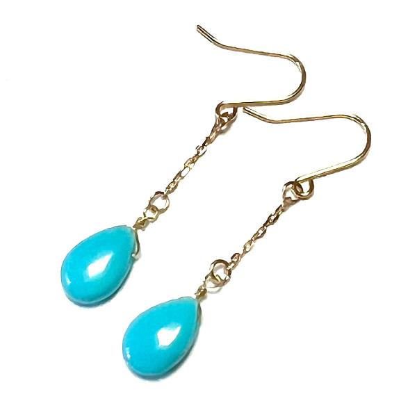 アクセスありがとうございます。■商品名K18 AAA アリゾナ産 キングマン ターコイズ ドロップカット チェーンフックピアス／ピアスキャッチ付き■商品サイズ全長：約29〜30mm（金具を含む）フック金具を除いた長さ：約19〜20mmチェー...