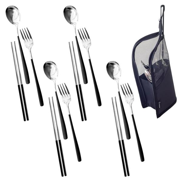 FOXDOOR カトラリーセット 収納袋付【3点セット】お箸、スプーン、フォークの3点セット。〔4人用：箸×4 スプーン×4 フォーク×4 + 収納ケース〕【素材】ワンランク上の304ステンレスを使用。耐食性・耐熱性・強度に優れ、錆びること...