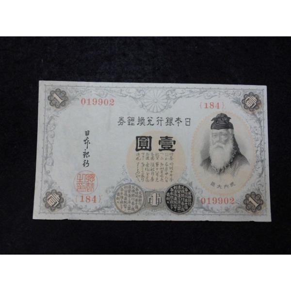発行大正5年8月15日　図案竹内宿禰、記号、算用数字　大きさ85ミリ×145ミリ　明治21年から24年にかけて改造された兌換銀券には、偽造防止対策上から、明治20年の閣議で決定された歴史上の人物が取り入れられています。図案・原版彫刻はキヨソ...