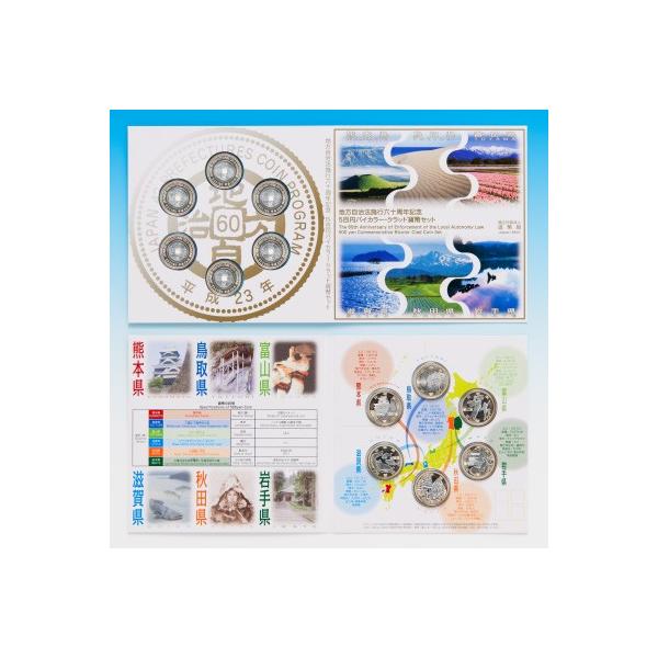 地方自治法施行60周年記念 500円バイカラー・クラッド貨幣セット5百円6枚（富山/鳥取/熊本/滋賀/岩手/秋田） 60,000セット販売　販売価格4,500円直径26.5ミリ　品位　銅750/亜鉛125/ニッケル125　量目7.1ｇ　異形...