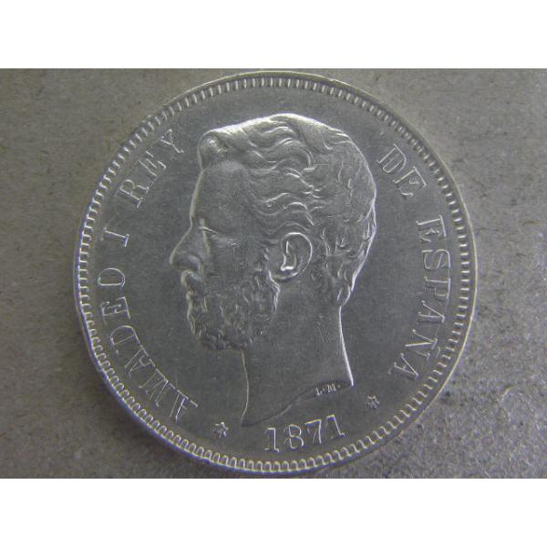 品位銀90.0％ 　量目25.0ｇ 　mintage5,075,000  表　 AMADEO I REY　裏　王冠を戴く盾と柱