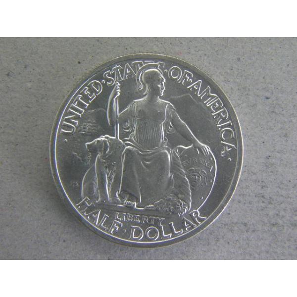SANDIEGO CALIFORNIA-PACIFIC EXPOSITION 額面：１／２ドル  使用金属：品位．９００銀  重さ：１２．５０グラム  直径３０．６ミリ Mintage 70,132 表　カリフォルニア州の印章（ミネルバが灰...