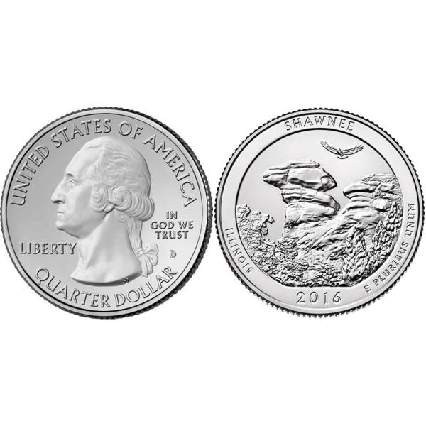 直径24.26ミリ　量目5.7ｇ　厚み1.8ミリ　銅91.7%、ニッケル8.3% 　ミントＰはフィラデルフィア造幣　ミントＤはデンバー造幣の製造になります。Shawnee National Forest/シャウニー森林公園