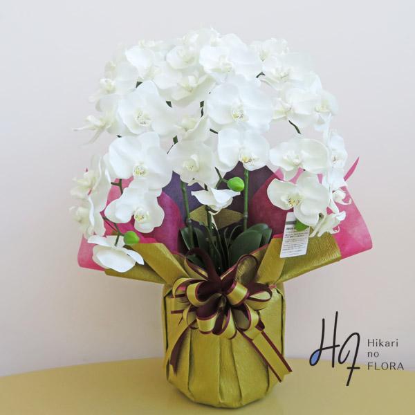 光触媒加工された造花の胡蝶蘭3本立です。一枝11輪の大型胡蝶蘭です。国内販売高のアートフラワーメーカーの上質な胡蝶蘭鉢は、いかがですか。お花の形や微妙な色のニュアンスにこだわった高品質の蘭で、お花ひとつひとつが優しいソフトな印象です。陶器製...