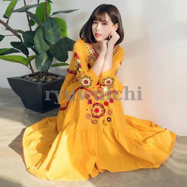 サイズ（おおよその採寸 になります）         サイズ   着丈   バスト   袖丈   肩幅    F   115   100   44   38マキシワンピース リゾート 春 夏 長袖 ワンピース レディース 大人 上品 花柄 ...