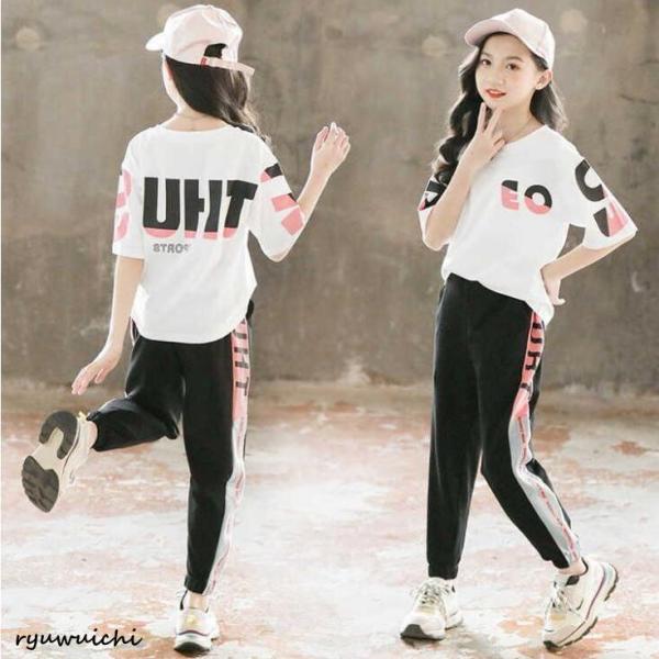 上下セット 子供服    半袖 Tシャツ セットアップ キッズ カジュアル 女の子 パンツセット ウエストゴム スポーツウェア ジュニア 春夏■素材：綿90％、ポリエステル10％■サイズ：（単位：cm）110  着丈41　バスト72　パンツ...