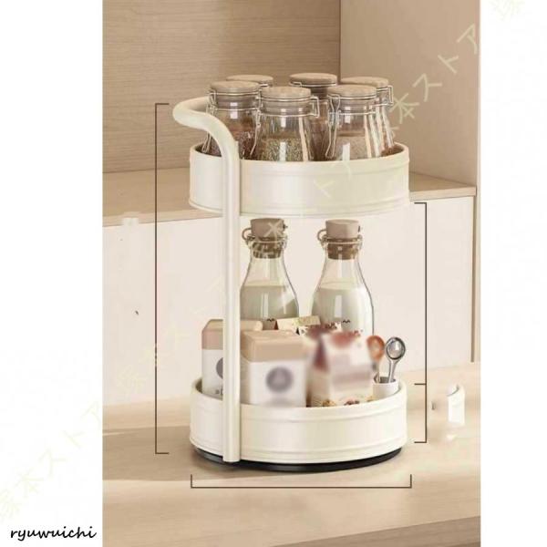 製品仕様製品名：360度回転式収納ラック材質：炭素鋼＋PPカラー：白色使用範囲：キッチン、トイレ、寝室等 【360°回転式設計】360度回転式になっているため、調味料がどの方向からも取り出せるのができ、快適な調理?食事をお過ごしいただけます...