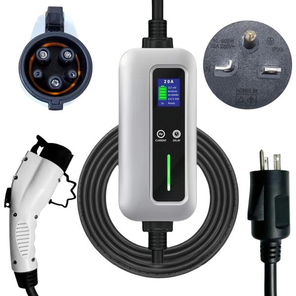EV充電ケーブル EV充電器 電気自動車充電器 家庭用 200V 20A 4kW SAE J1772 PSE認証 8m LCD表示 IP55防水 ポータブルEV充電器 EV/PHEV対応 日産リーフ・サクラ・アリア 三菱アウトランダーPHE...