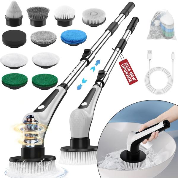 新春SALE電動回転ブラシでラクラクお掃除腰に優しい！伸縮ロングシャフト付きコードレス・充電式で自由自在に使える