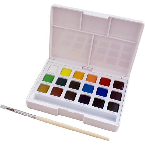 【セット内容】透明固形水彩絵の具18色セット・携帯筆【特長1】ポケットサイズのコンパクト透明固形水彩絵の具18色セット【特長2】フタ裏がパレットになっている携帯に便利なミニサイズのスケッチセット【本体サイズ】88×115×24mm／135g...