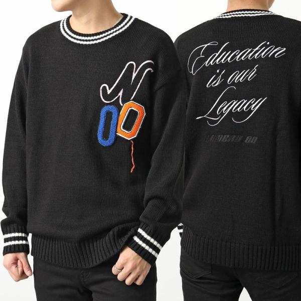 NUMERO 00 ヌメロ ニット CREW VERSITY KNIT 22125 メンズ セーター ロゴ ワッペン 刺繍 リブ クルーネック ウールブレンド オーバーサイズ BLACK FW22NA22125 丸首/