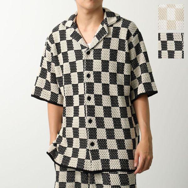 ASKYURSELF アスクユアセルフ シャツ CHECKERED CROCHET SHIRT メンズ ニット かぎ針編み チェッカーフラッグ クロシェ カラー2色 セットアップ可能 五分袖 コットン/
