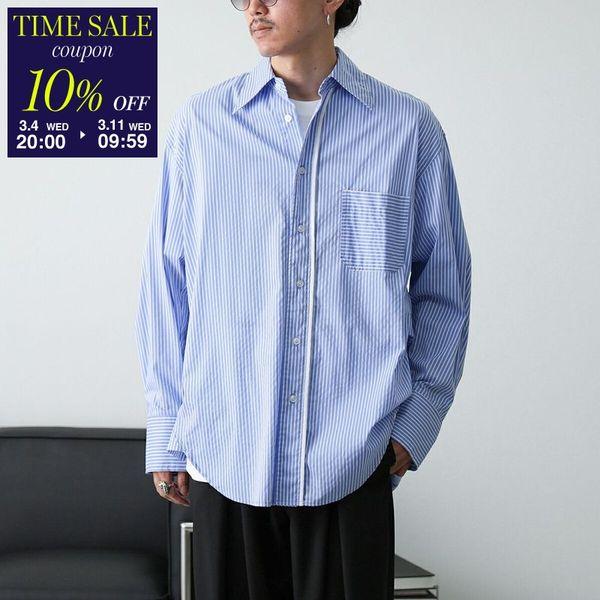 EKAT エカット シャツ STRIPE 3D PATTERN SHIRTS ESH2409255 メンズ 長袖 ストライプ オーバーサイズ タック レギュラーカラー BLUE /【2025年春夏新作】【cp_ten】
