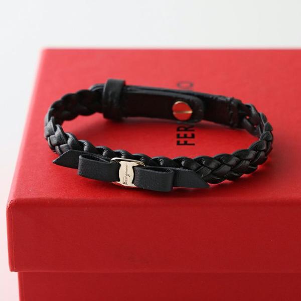 FERRAGAMO フェラガモ ブレスレット 762501 707377 レディース ヴィラリボン レザー 編み込み アクセサリー ロゴプレート NERO/ORO /