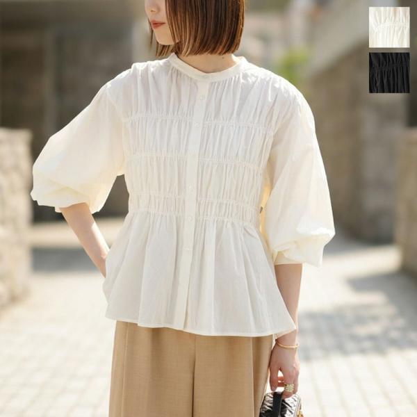 CHIGNON シニヨン ブラウス 1961-013KK レディース コットン シャーリング バンドカラー クルーネック 長袖シャツ カラー2色 /【2026年春夏新作】【dc_kikaku】