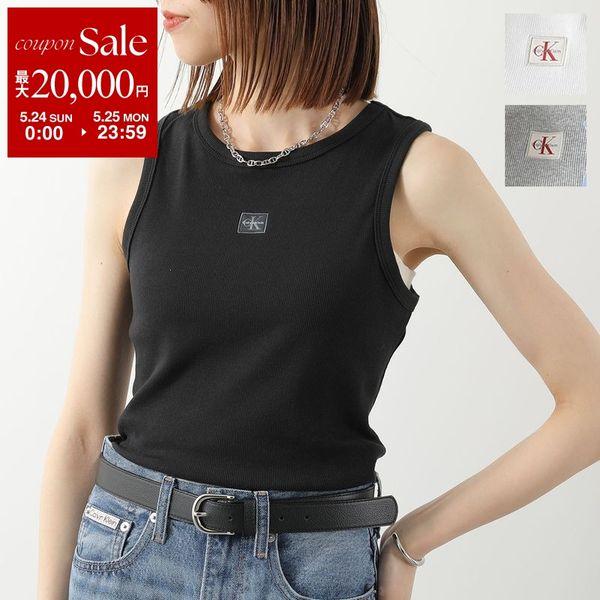 CALVIN KLEIN JEANS カルバンクライン ジーンズ タンクトップ SL WOVEN LABEL 2X2 RIB TANK 47C201G レディース リブ ロゴ カラー3色 コットンブレンド ノースリーブ クルーネック 丸首/...