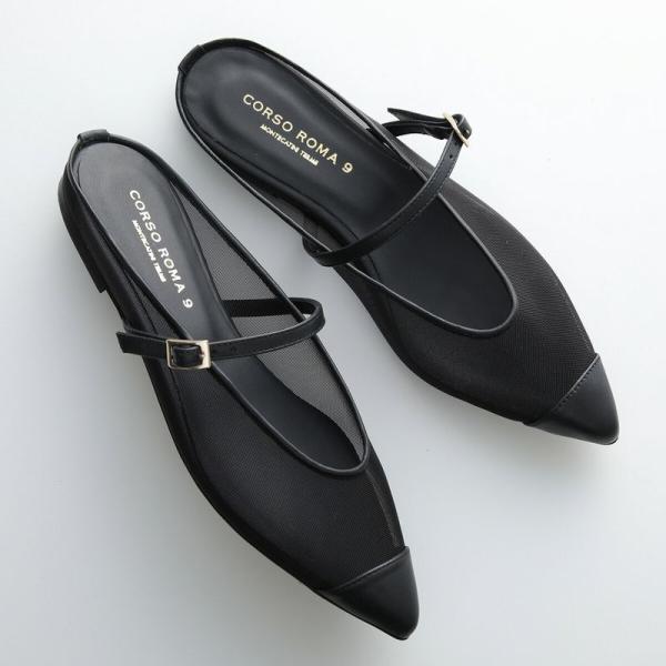 CORSO ROMA 9 コルソローマ ノーヴェ パンプス TINA272 レディース メッシュ ポインテッドトゥ ミュール フラットシューズ 靴 NERO /
