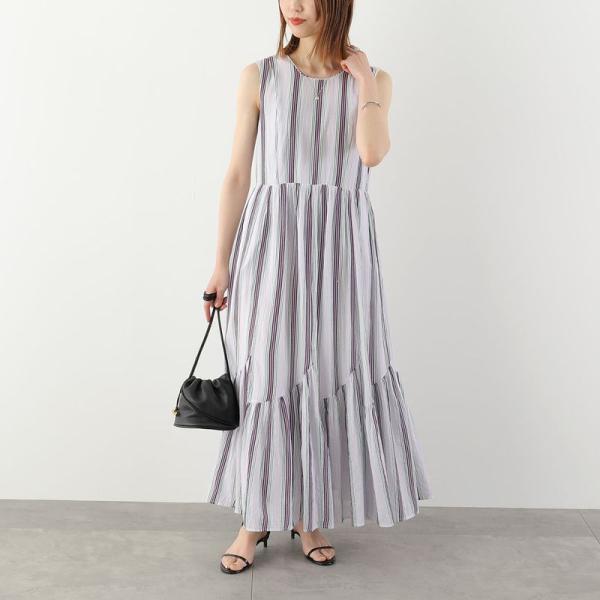 ne Quittez pas ヌキテパ ワンピース Cotton Voile Stripe Sleeveless Slant Panel Dress 010561WQ1 レディース ドレス ストライプ ギャザー ノースリーブ ロング丈 LI...
