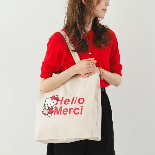 Merci × Hello Kitty メルシー ハローキティ コラボ トートバッグ CABAS HELLO KITTY MERCI レディース ロゴ コットン キャンバス ショッピングバッグ 大容量 鞄 NATURAL サブバッグ エコバ...