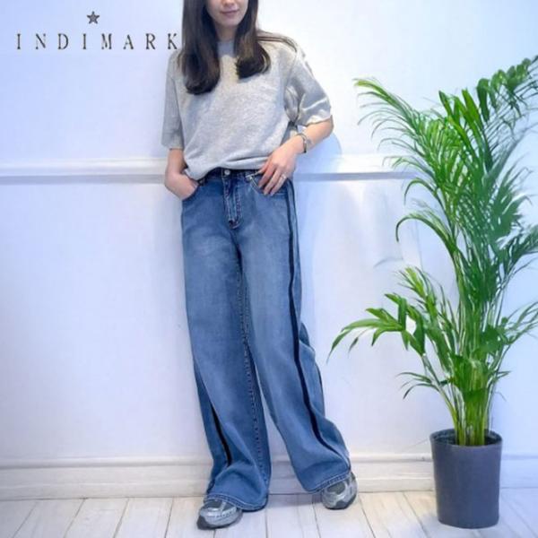 【INDIMARK インディマーク】 INDKNIT ニュー ライン ワイド デニム ライトブルー WK016 都会の空気を感じさせるジーンズブランド。INDIMARKの脚を美脚に見せる立体的なデニム♪NEWストレートデニム です 脚長効果...