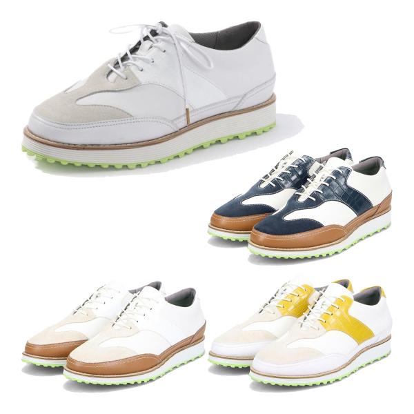 【商品説明】細かなパターンの素材の切り替えしとカラーマッチで他社と差をつけるカジュアルゴルフシューズ。アウトソールとインソールにはブランドカラーの若草色のレザーをワンポイントで使用。【素材】牛革／人工皮革アッパーのカウレザーには撥水性の高い...