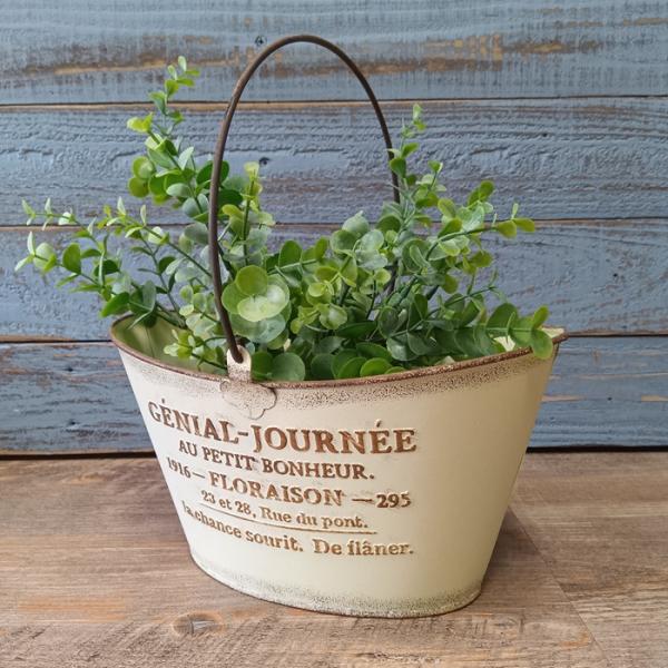 幅２４×奥行１５×全高２７センチ底穴ありブリキ製フレンチテイストのブリキバスケットブリキやスチール製のポットはナチュラルガーデンにおすすめです。底穴のないポットにはご希望があれば無料で穴あけ加工も承ります。ブリキ 鉢 プランター 鉢カバー ...